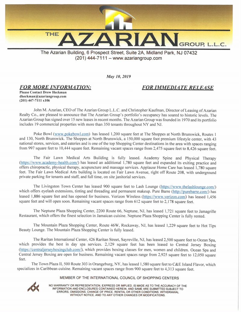 The Azarian Group, L.L.C. – Press Release 5.10.19 | The Azarian Group, LLC